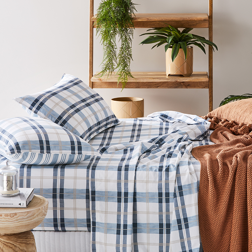 Stonewashed Printed Cotton Blue Check Sheet Separates | Adairs