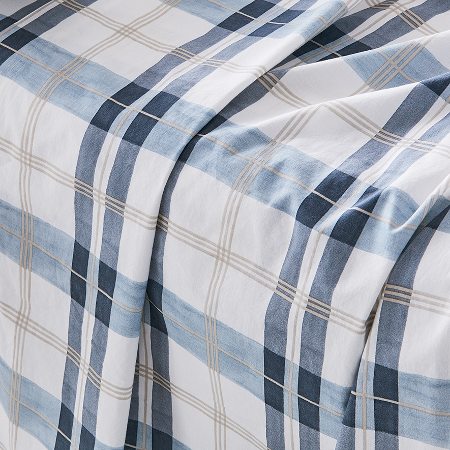 Stonewashed Printed Cotton Blue Check Sheet Separates | Adairs