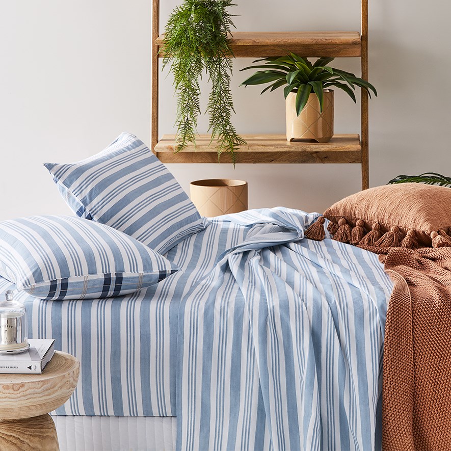 Stonewashed Printed Cotton Blue Stripe Sheet Separates | Adairs