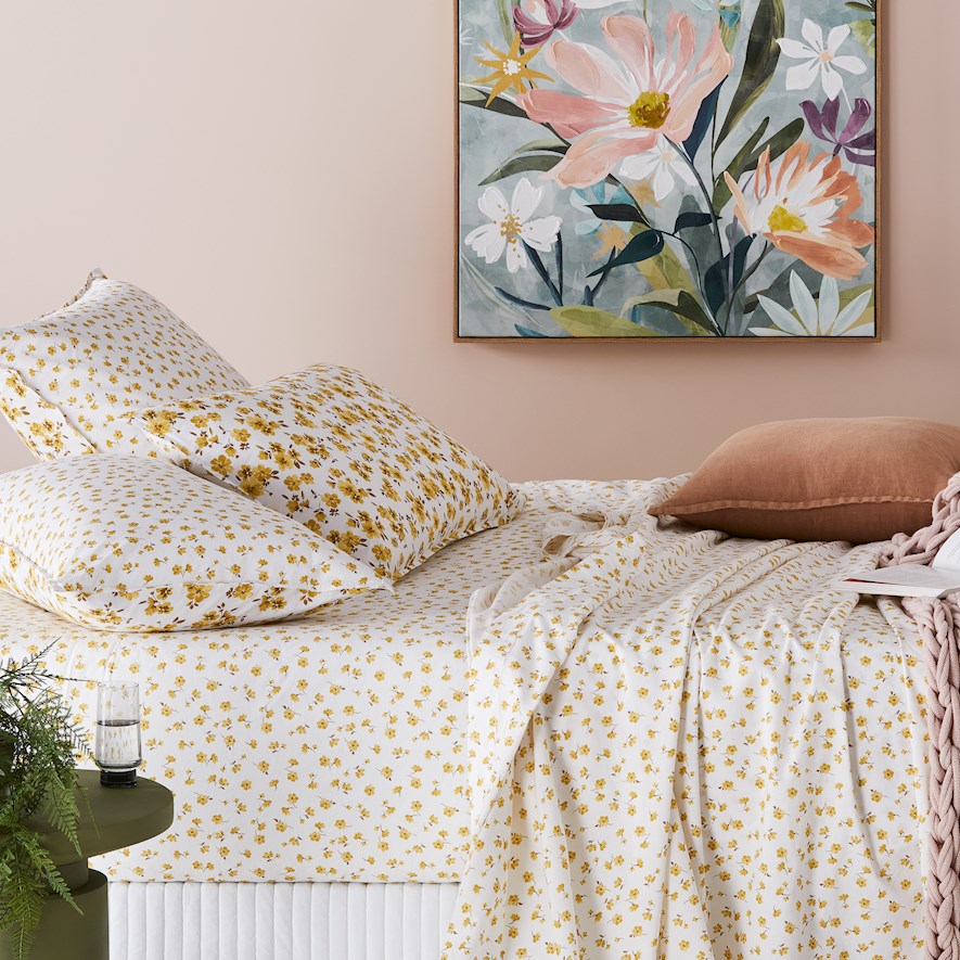 Stonewashed Printed Cotton Mustard Sheet Separates | Adairs