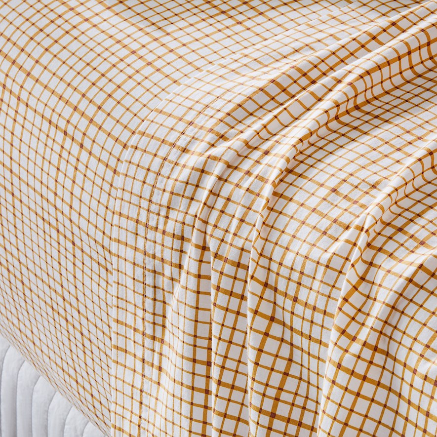 Stonewashed Printed Cotton Mustard Grid Sheet Separates | Adairs