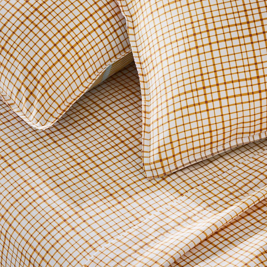 Stonewashed Printed Cotton Mustard Grid Sheet Separates | Adairs