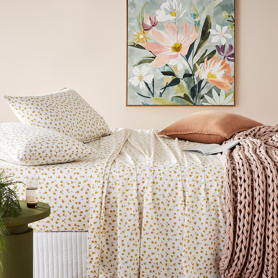 Stonewashed Printed Cotton Mustard Floral Sheet Set | Adairs