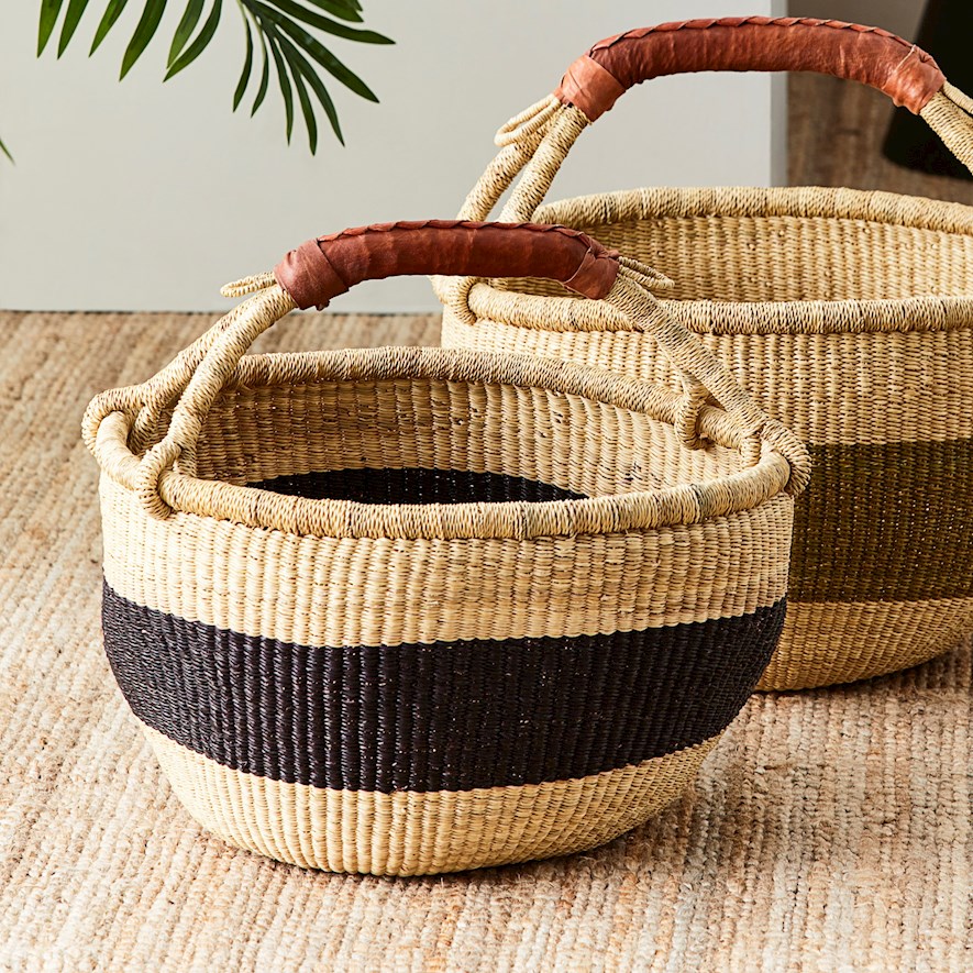 Bolga Black & Natural Round Basket | Adairs