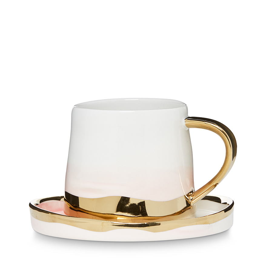 Home Republic - Gold Rim Collection Cup & Saucer Pink & Gold | Adairs