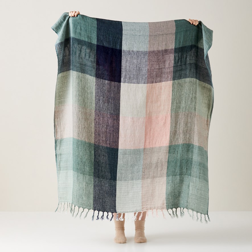 Rae Malmo Multi Greens Check Linen Throw | Adairs