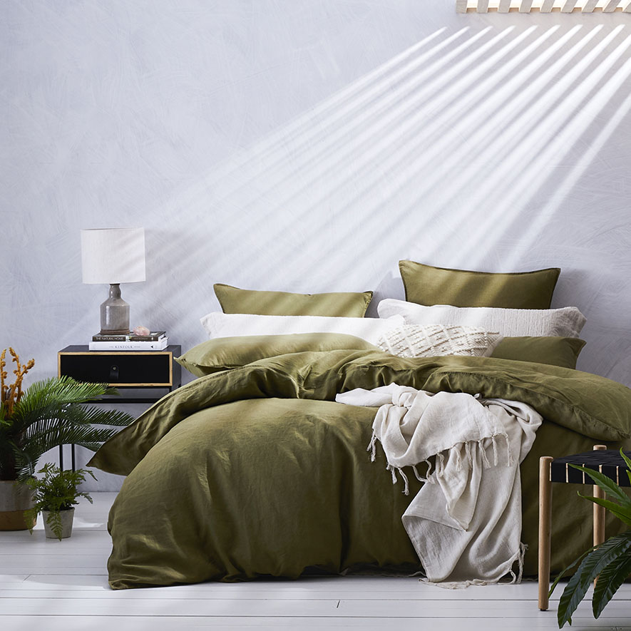 Home Republic - Vintage Washed Linen Olive Quilt Cover | Adairs