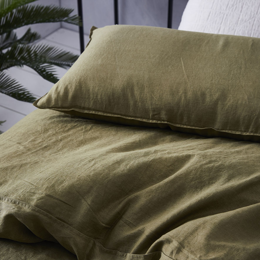 Home Republic - Vintage Washed Linen Olive Quilt Cover | Adairs
