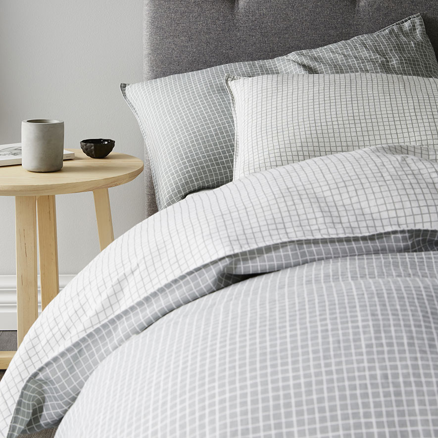 Home Republic - Vintage Washed Linen Silver Grid Quilt Cover | Adairs